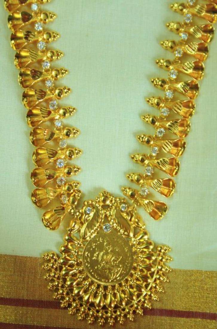 Buy Long Haram with white stones - Kerala bridal temple jewellery Online